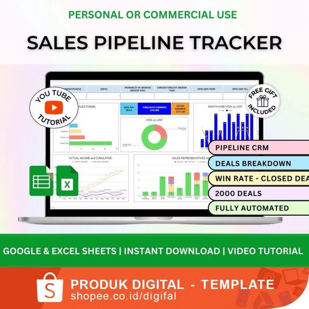 Sales Pipeline Tracker, Excel & Google Sheets, Business CRM (digital ...