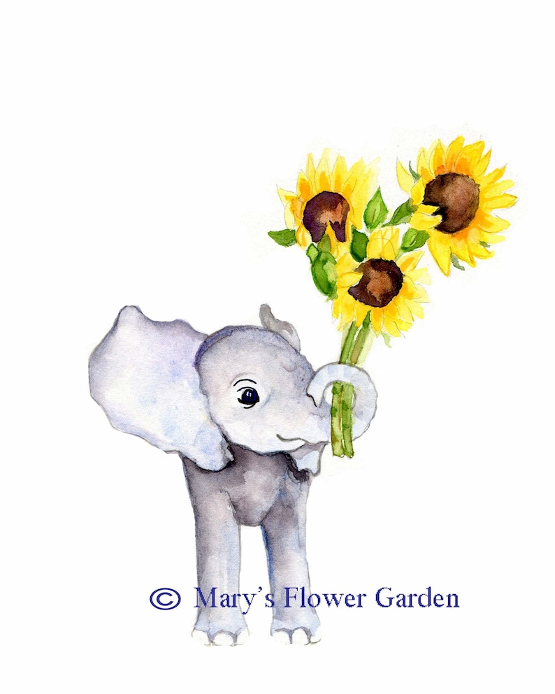 Elephant With Sunflowers Nursery Art, Elephant Baby Decor, Girls ...