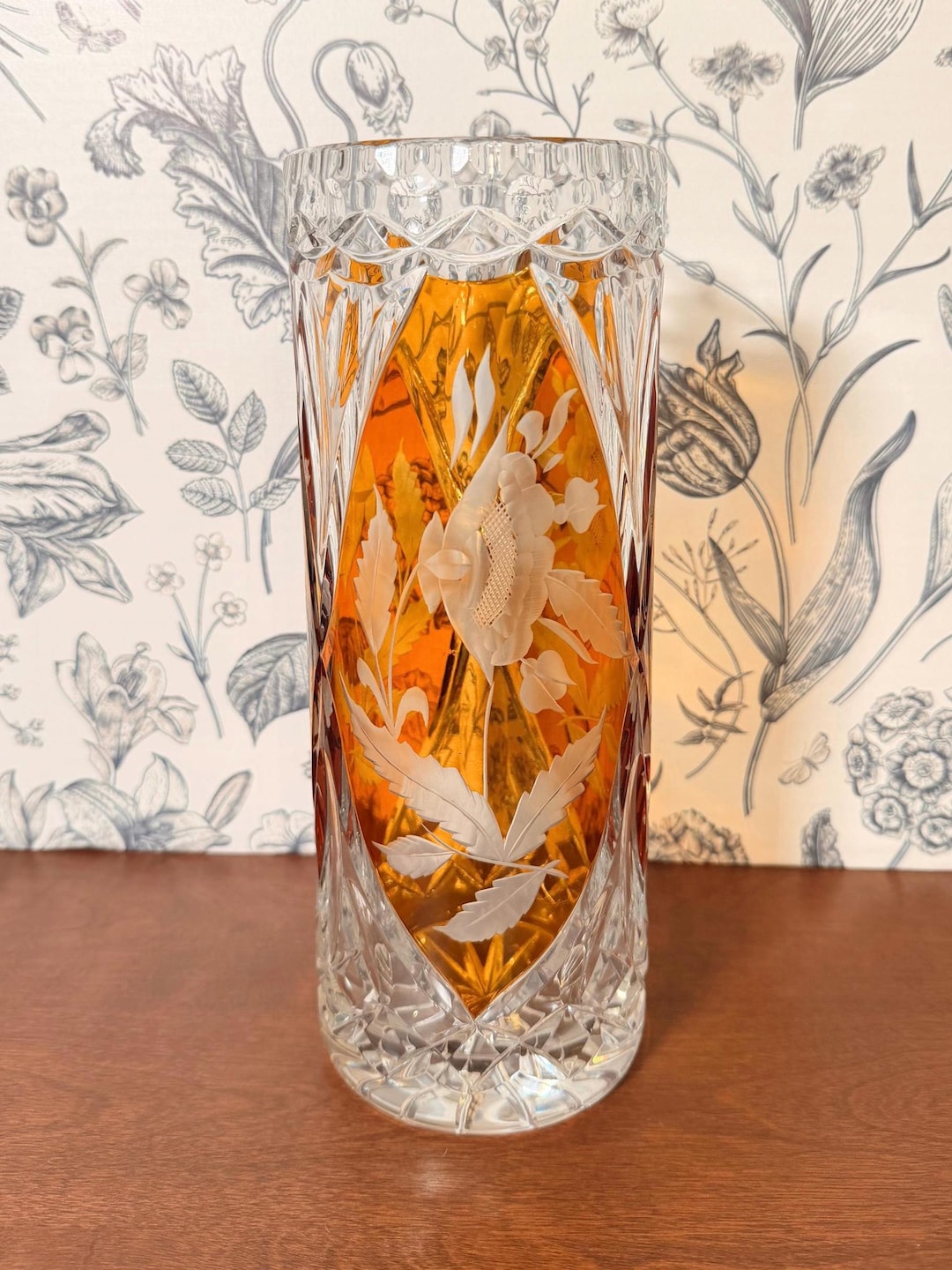 Vintage Amber Cut Crystal Vase | Etched Floral Glass Vase | Tall Mid ...