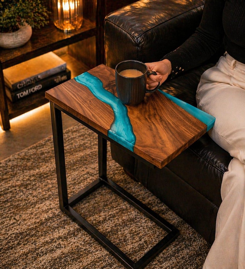 Luxury Epoxy C Table | Live Edge Wood & Blue Resin Sofa Side Table ...