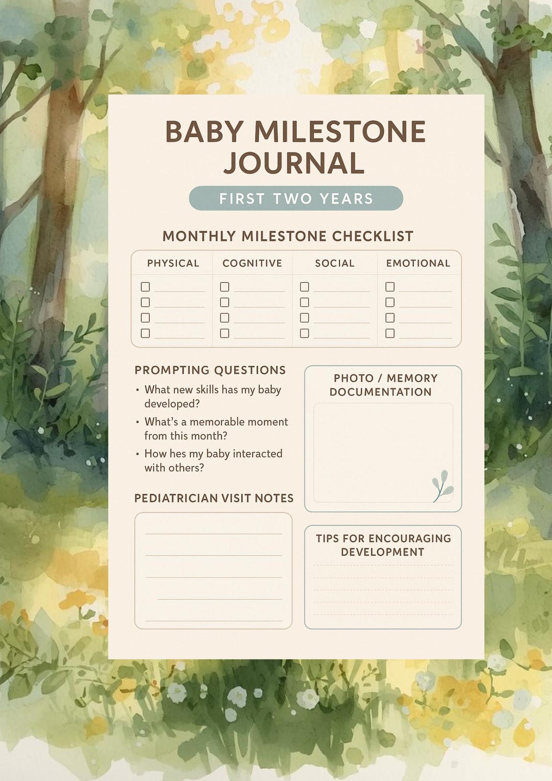 Baby Milestone Planner| Printable Keepsake for Recording First-year ...