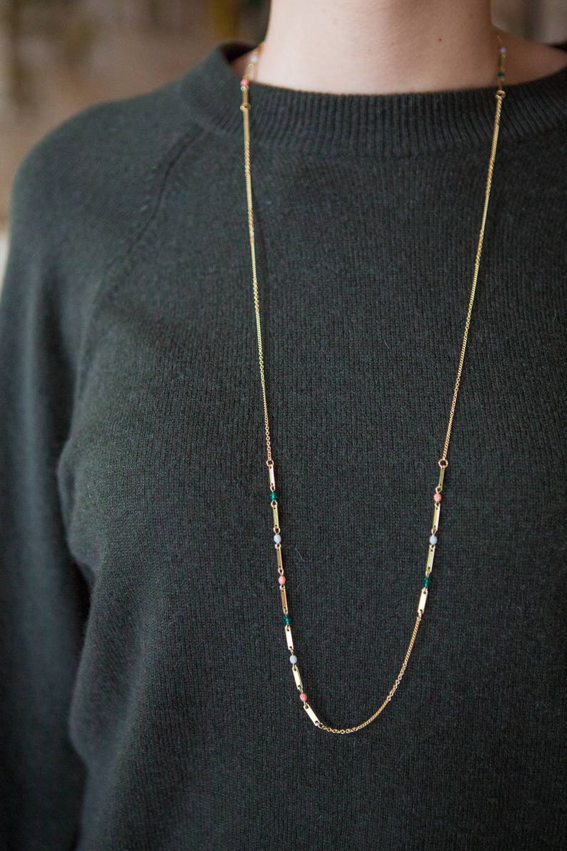 Dainty Long Chain Necklace/ Pastel Blue and Gold Long - Etsy