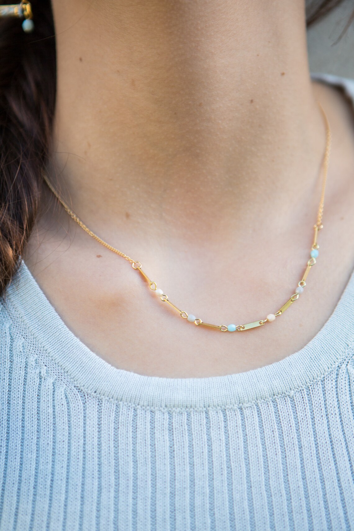 Tiny Chain Necklace Pastel Blue and Gold Necklace Minimalist - Etsy