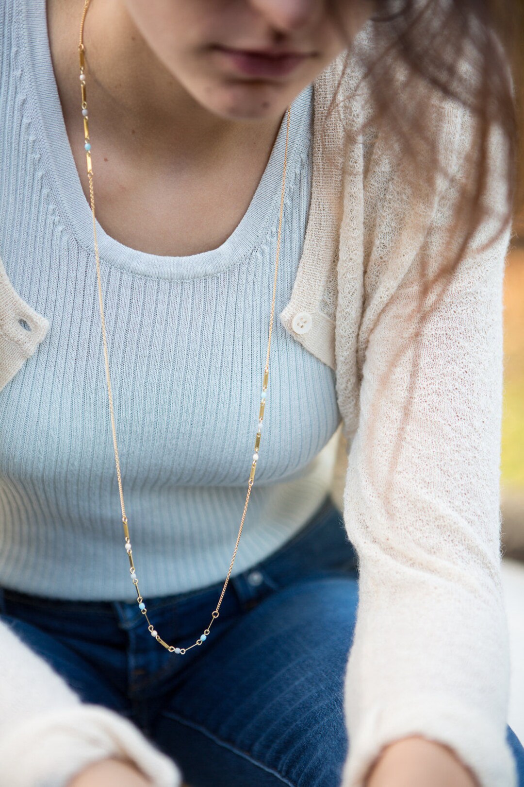 Dainty Long Chain Necklace/ Pastel Blue and Gold Long Necklace/ Bar ...