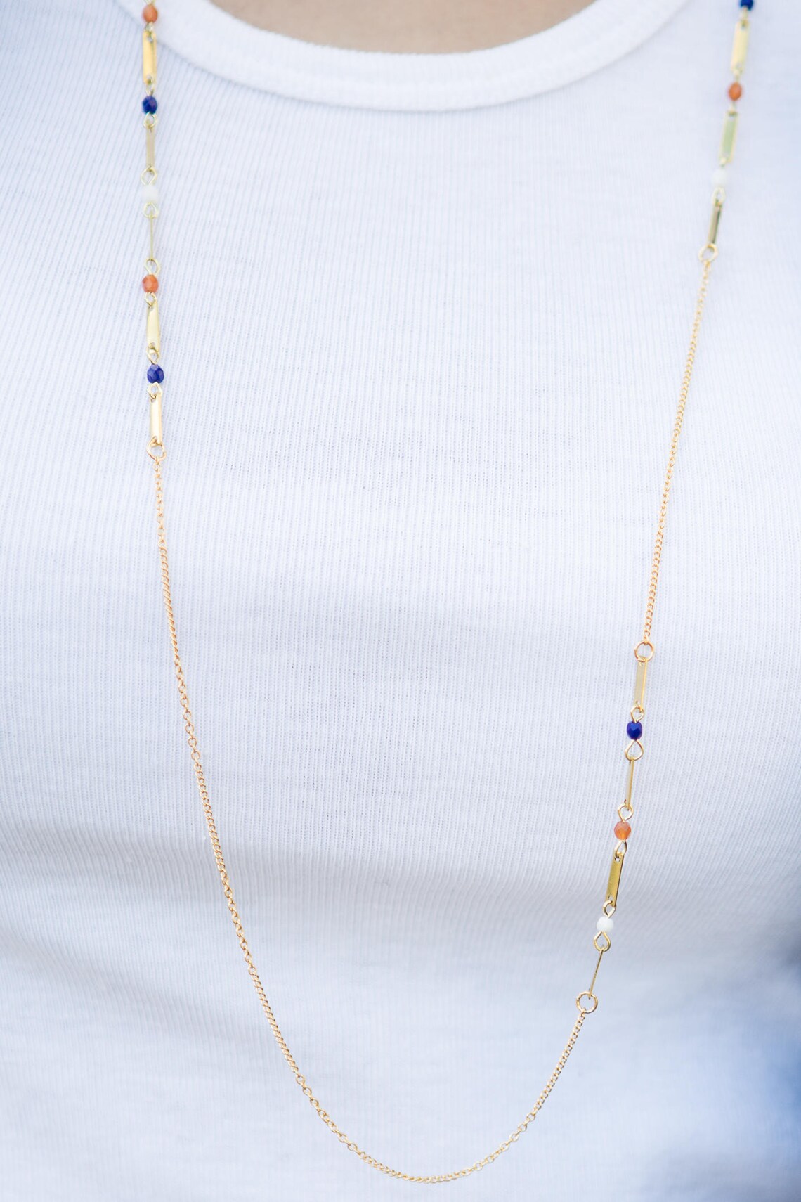 Dainty Long Chain Necklace/ Pastel Blue and Gold Long - Etsy