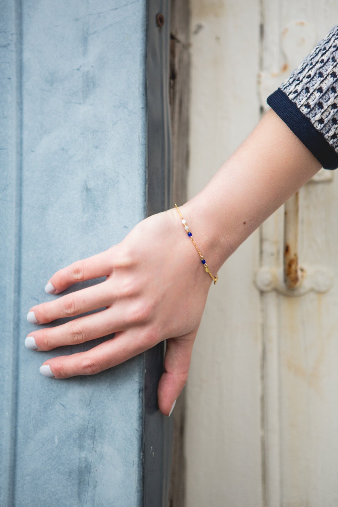 Dainty Bracelet Gold and Blue Chain Bracelet Tiny Bracelet - Etsy