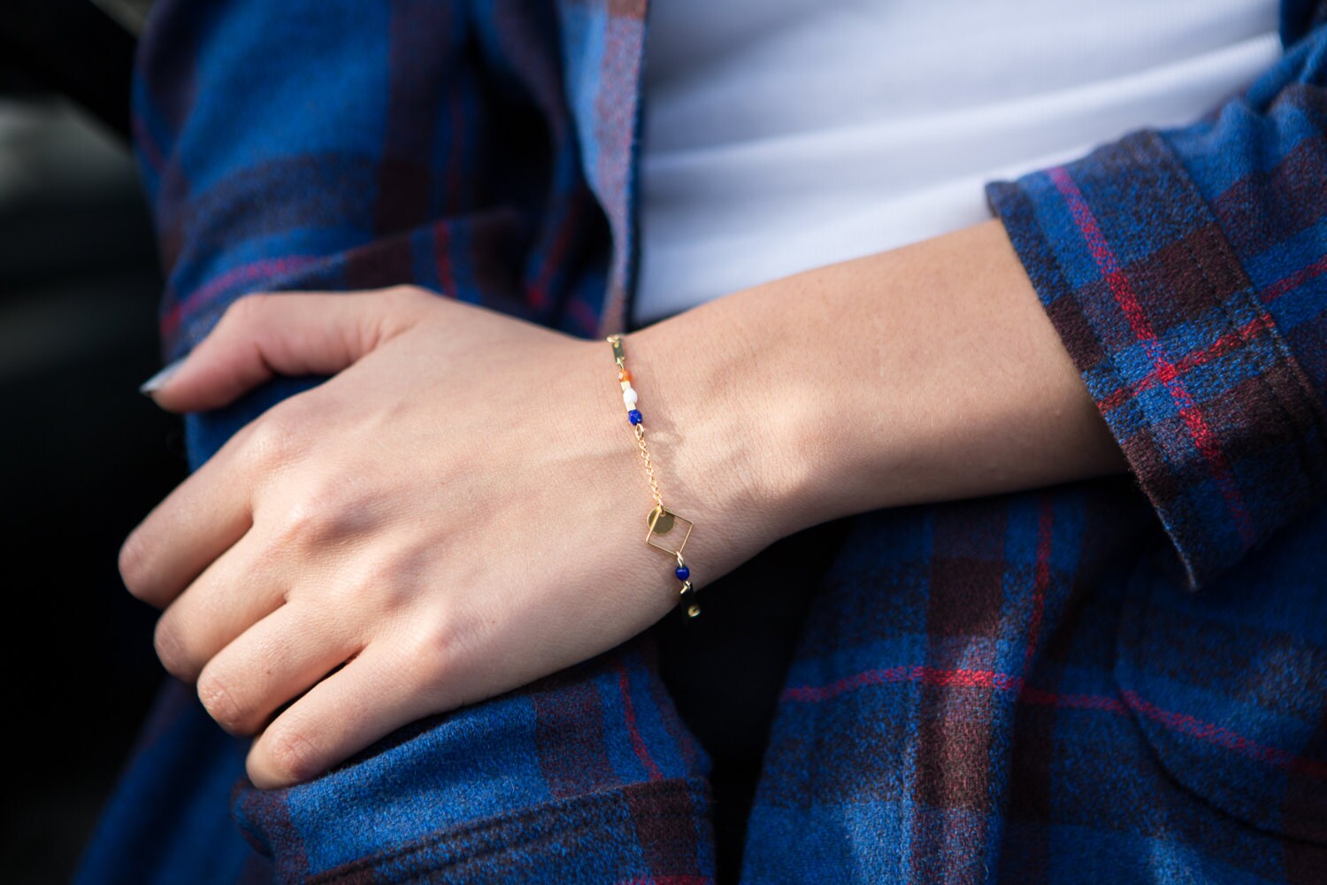 Dainty Rhombus Bracelet, Gold and Blue Chain Bracelet, Beaded Chain ...