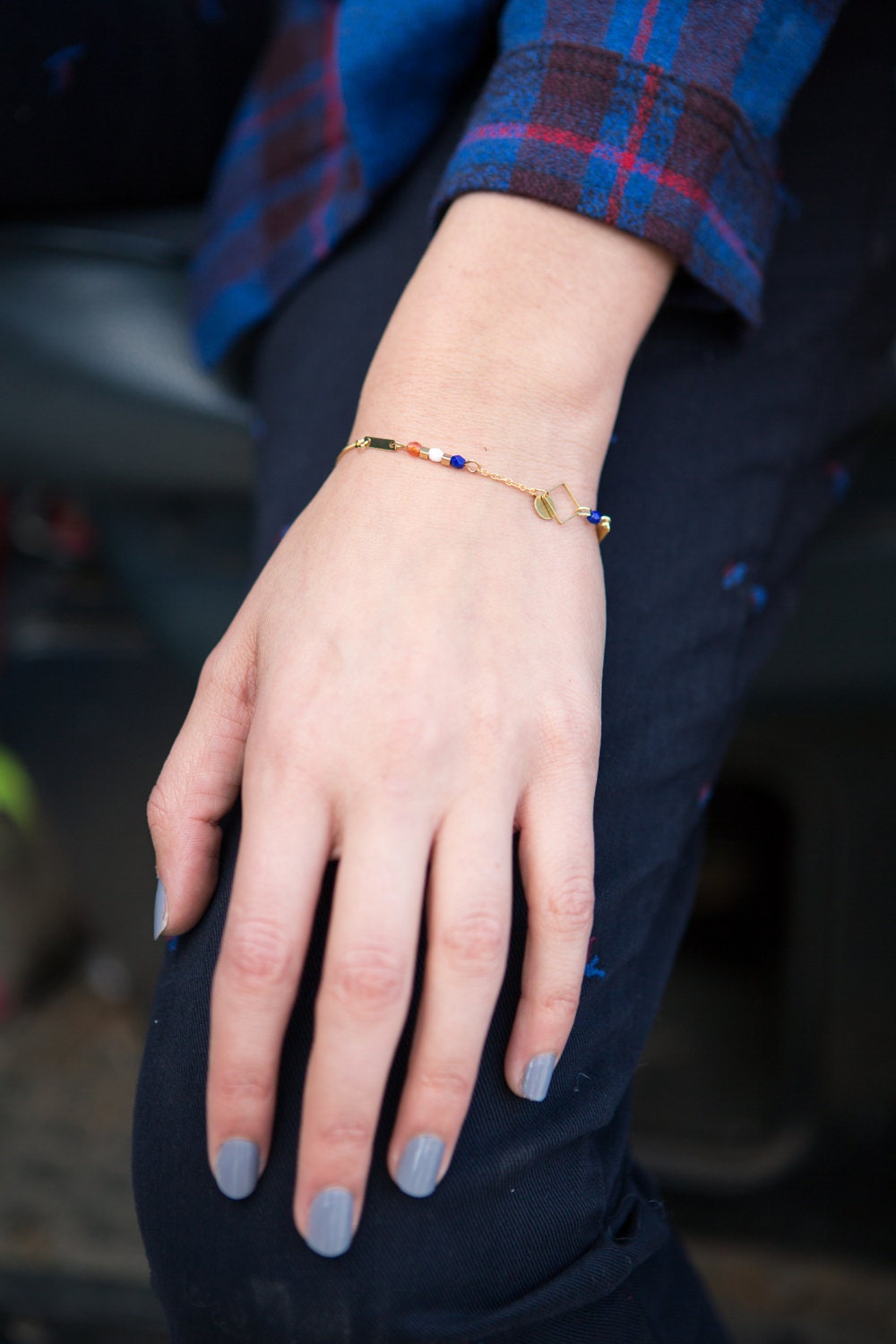 Dainty Rhombus Bracelet, Gold and Blue Chain Bracelet, Beaded Chain ...