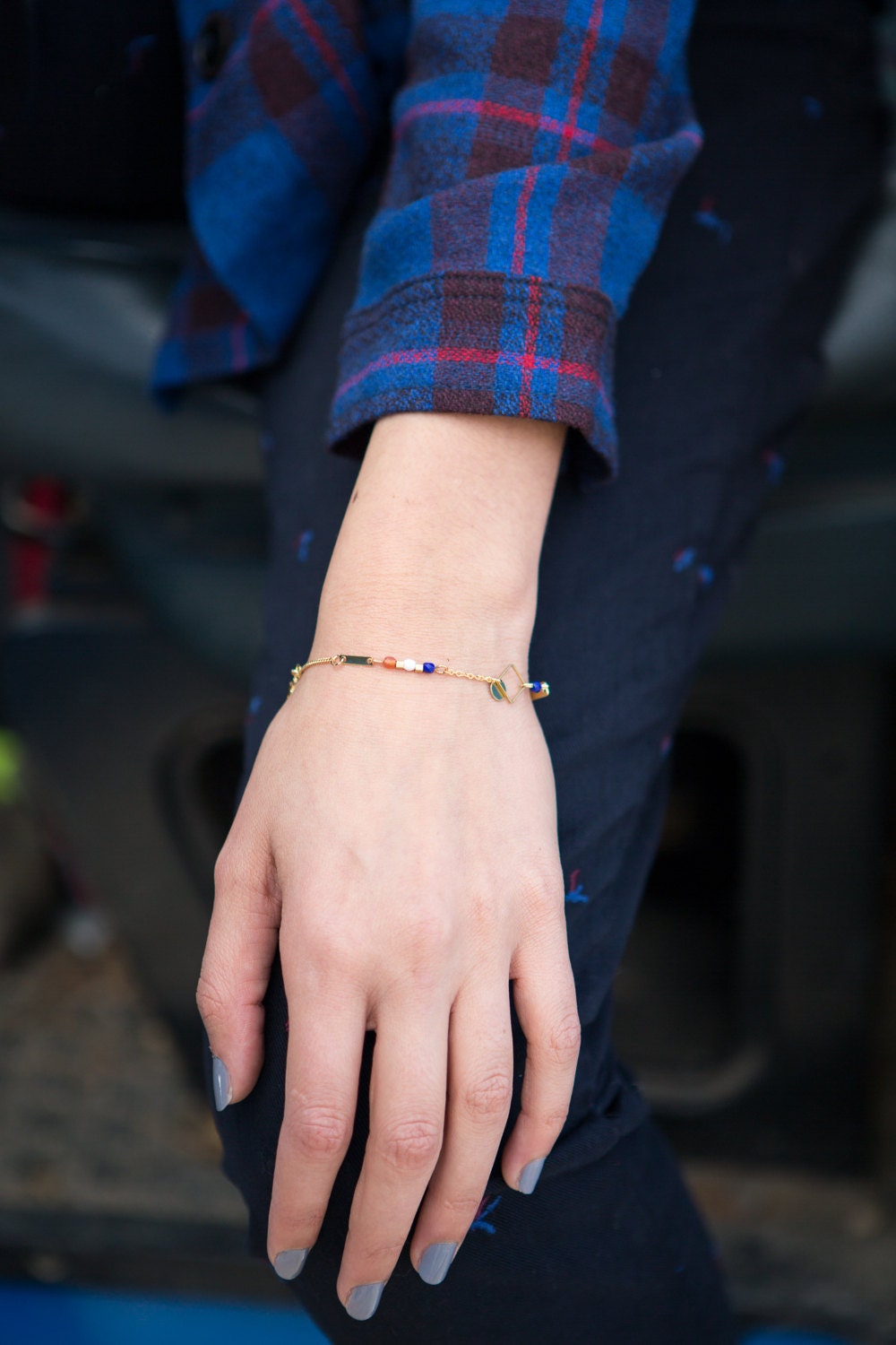 Dainty Rhombus Bracelet, Gold and Blue Chain Bracelet, Beaded Chain ...