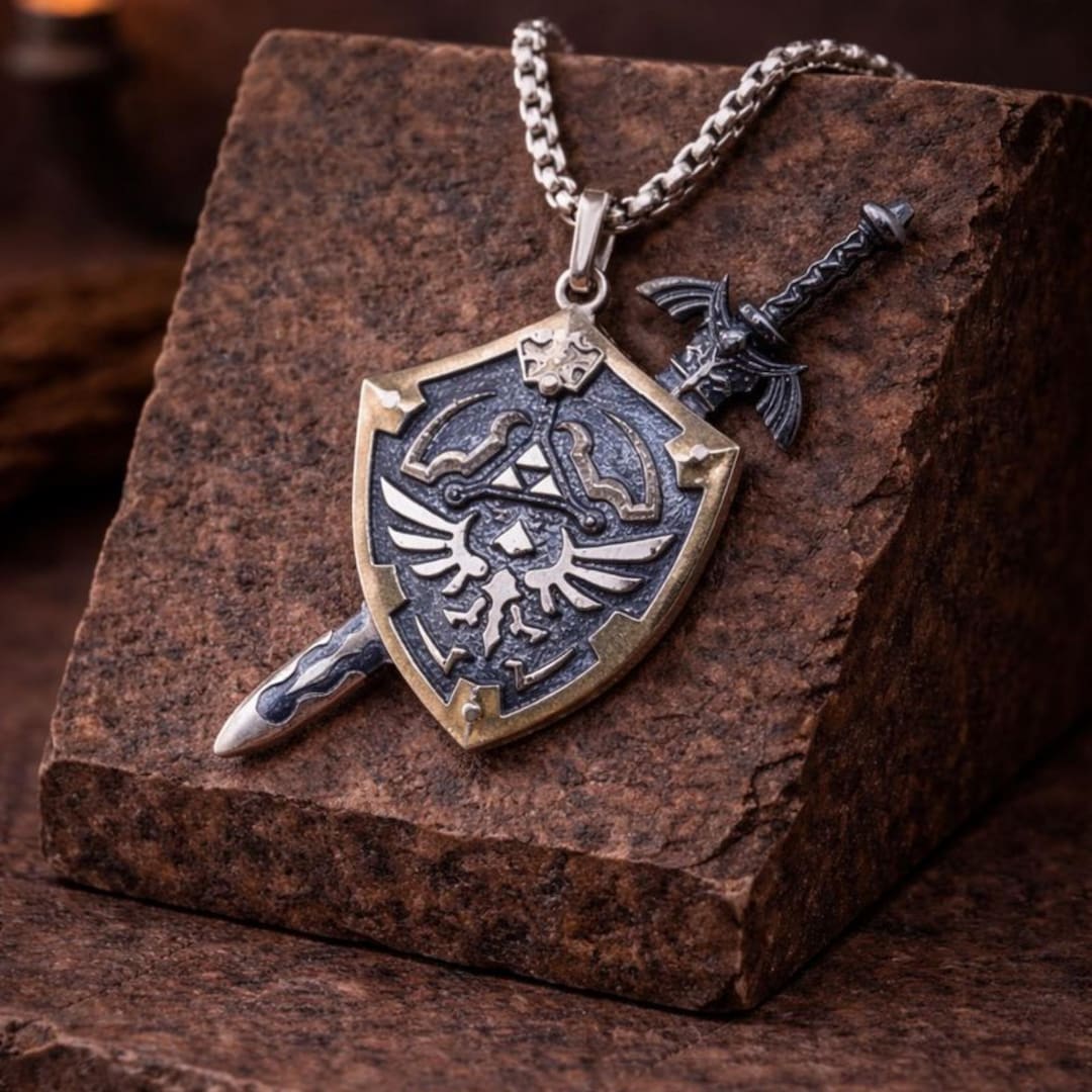 Sterling Silver Legend of Zelda Master Sword and Hylian Shield Necklace ...