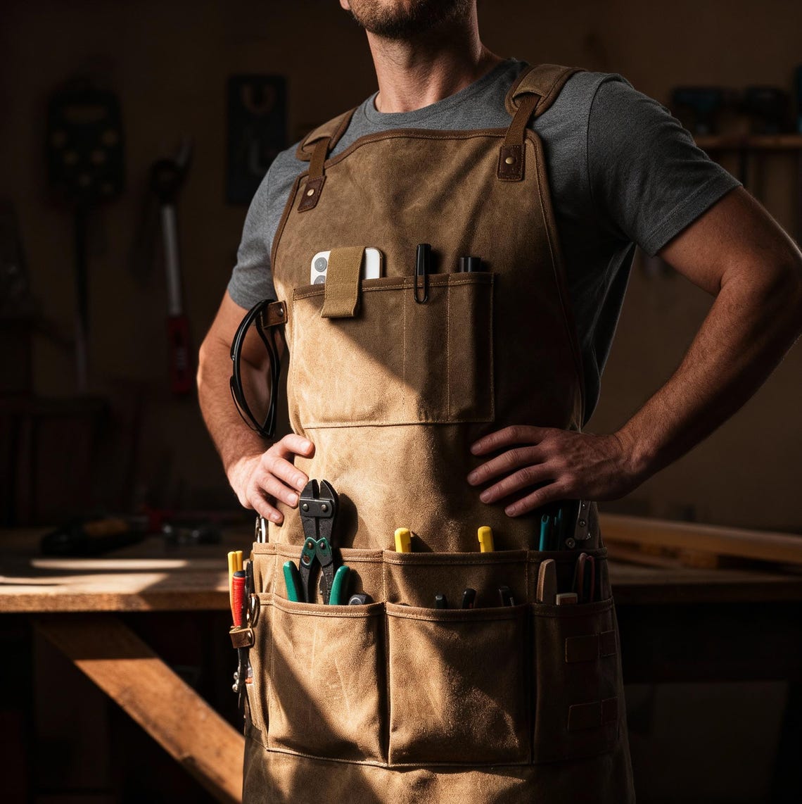 Canvas Workshop Apron With Pockets, Canvas Woodworkers Apron, Canvas ...