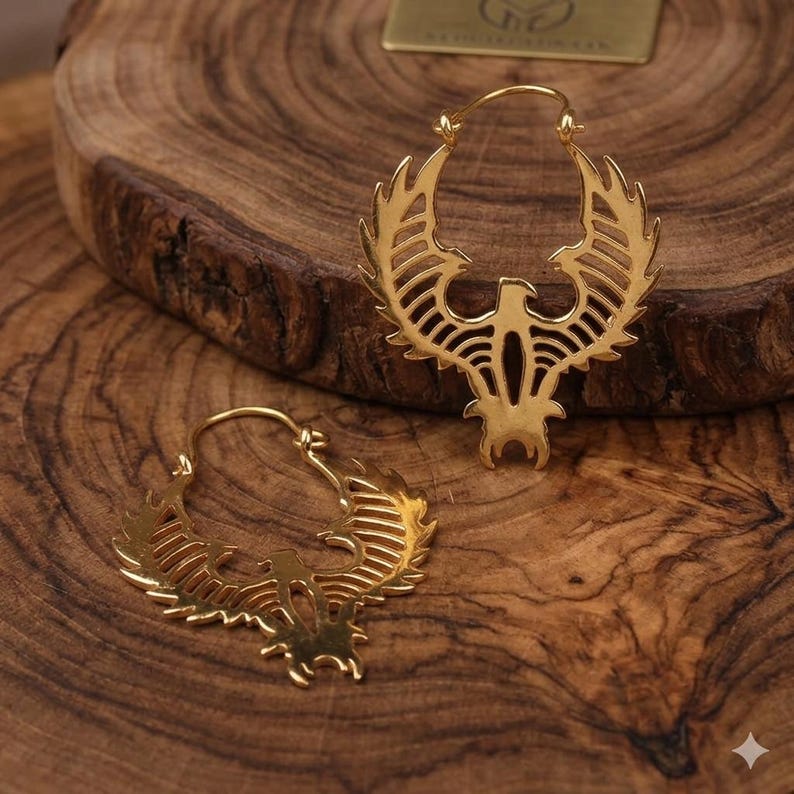 Gold Brass Eagle Phoenix Hoop Earrings, Boho Dangle Statement Jewelry ...