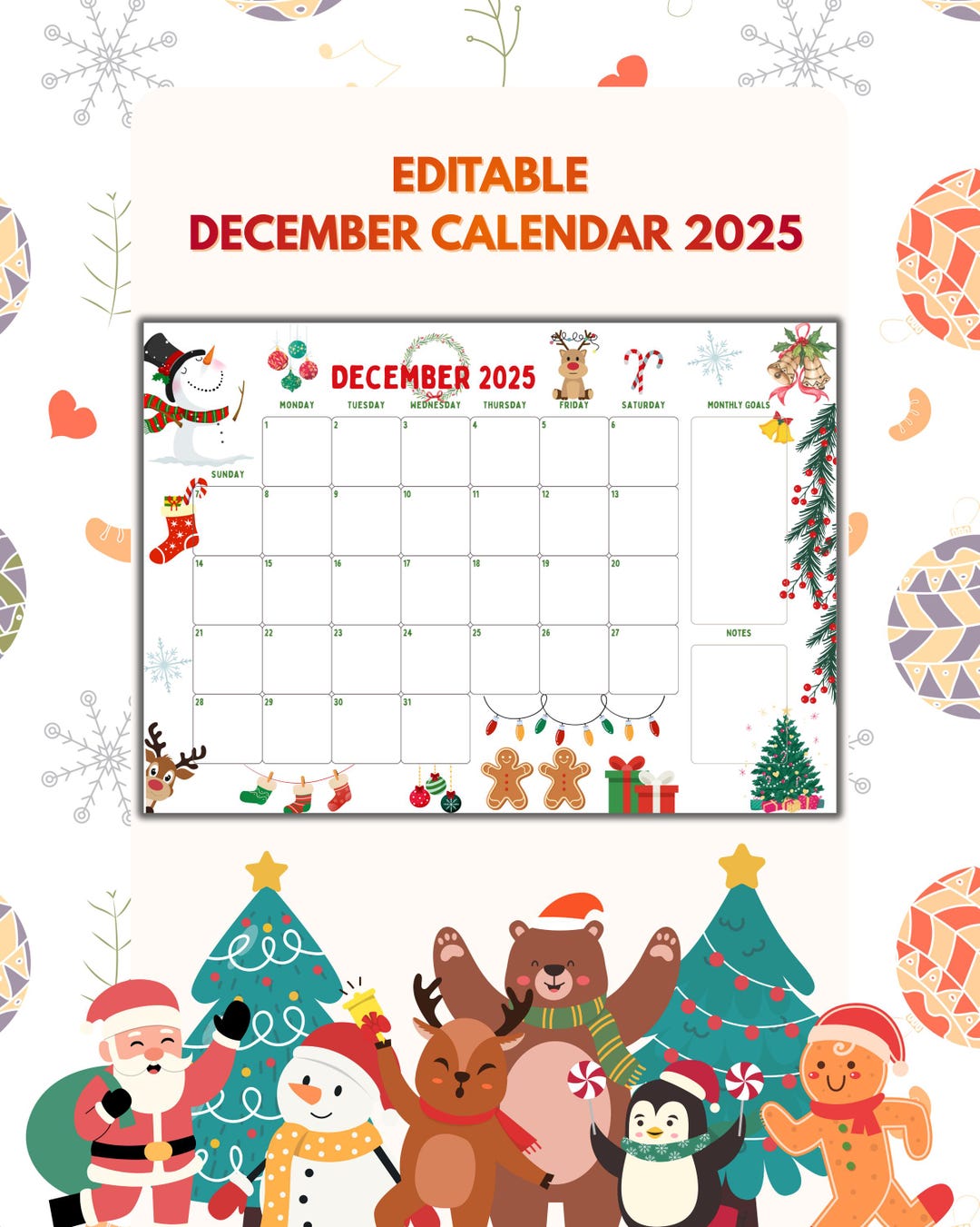 EDITABLE December 2025 Calendar, Colorful Christmas With Cute Reindeers ...