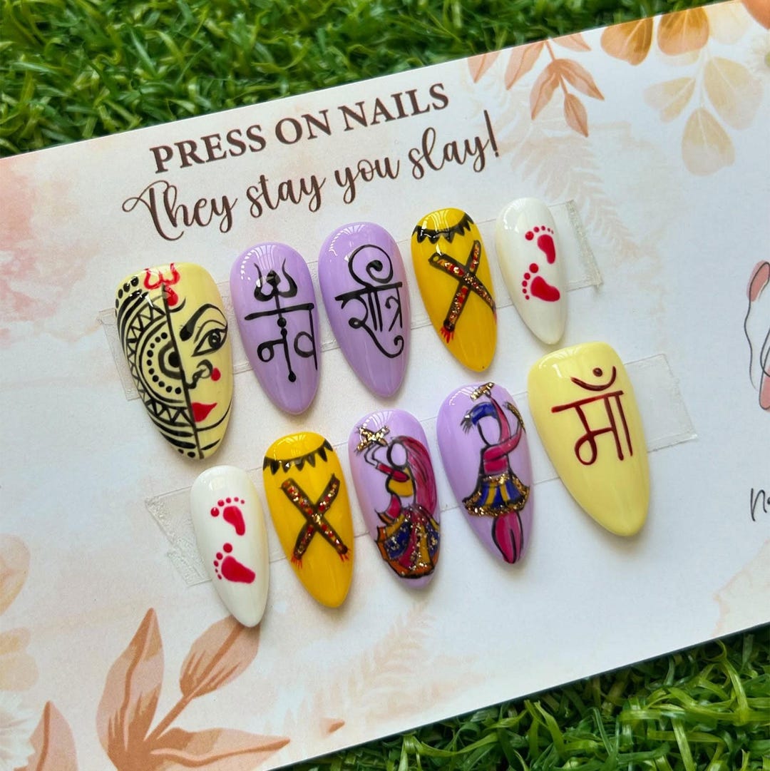 Indian Cultural Press on Nails, Hand Painted Hindi Script and Folk ...