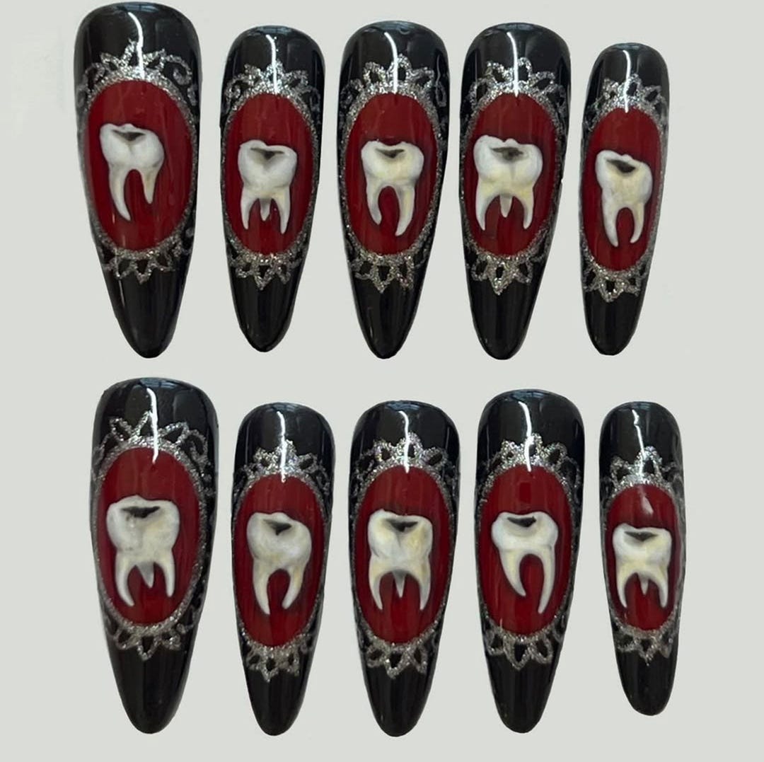 Gothic Tooth Press on Nails | Creepy Dental Nail Art | Dark Horror Fake ...