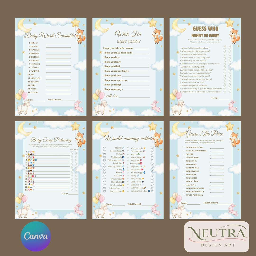 Starry Night Baby Shower Game Bundle – Editable Canva Templates (5x7 ...
