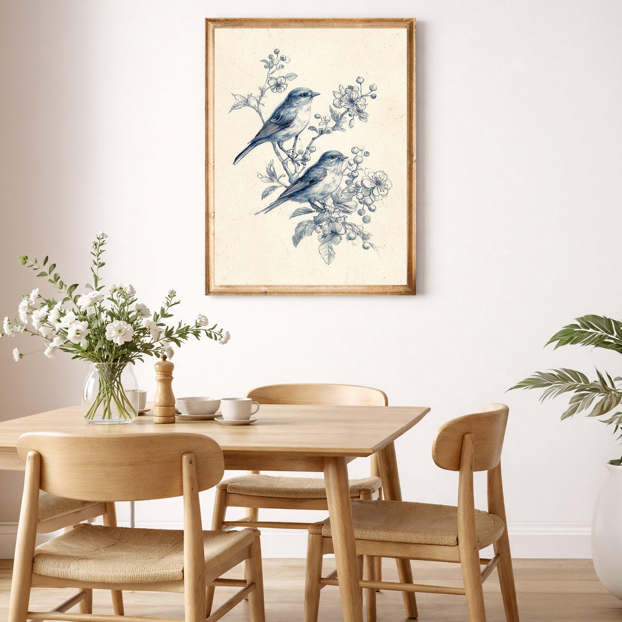 Vintage Blue Bird Wall Art Print, Botanical Bird Printable (digital ...