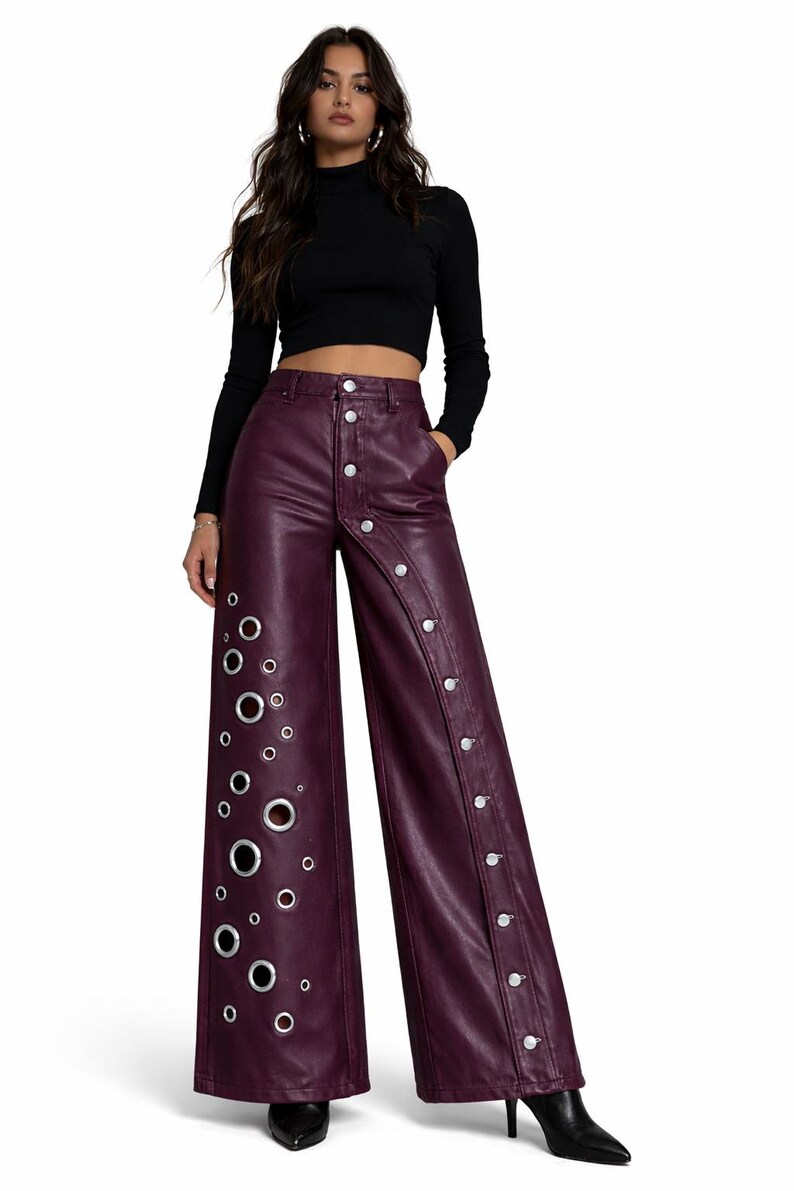 Burgundy Leather Wide Leg Pants, Silver Button Grommet Detail Statement ...