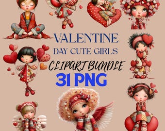 Valentine Cute Girls Clipart Bundle – 31 PNG Illustrations, Valentine’s ...