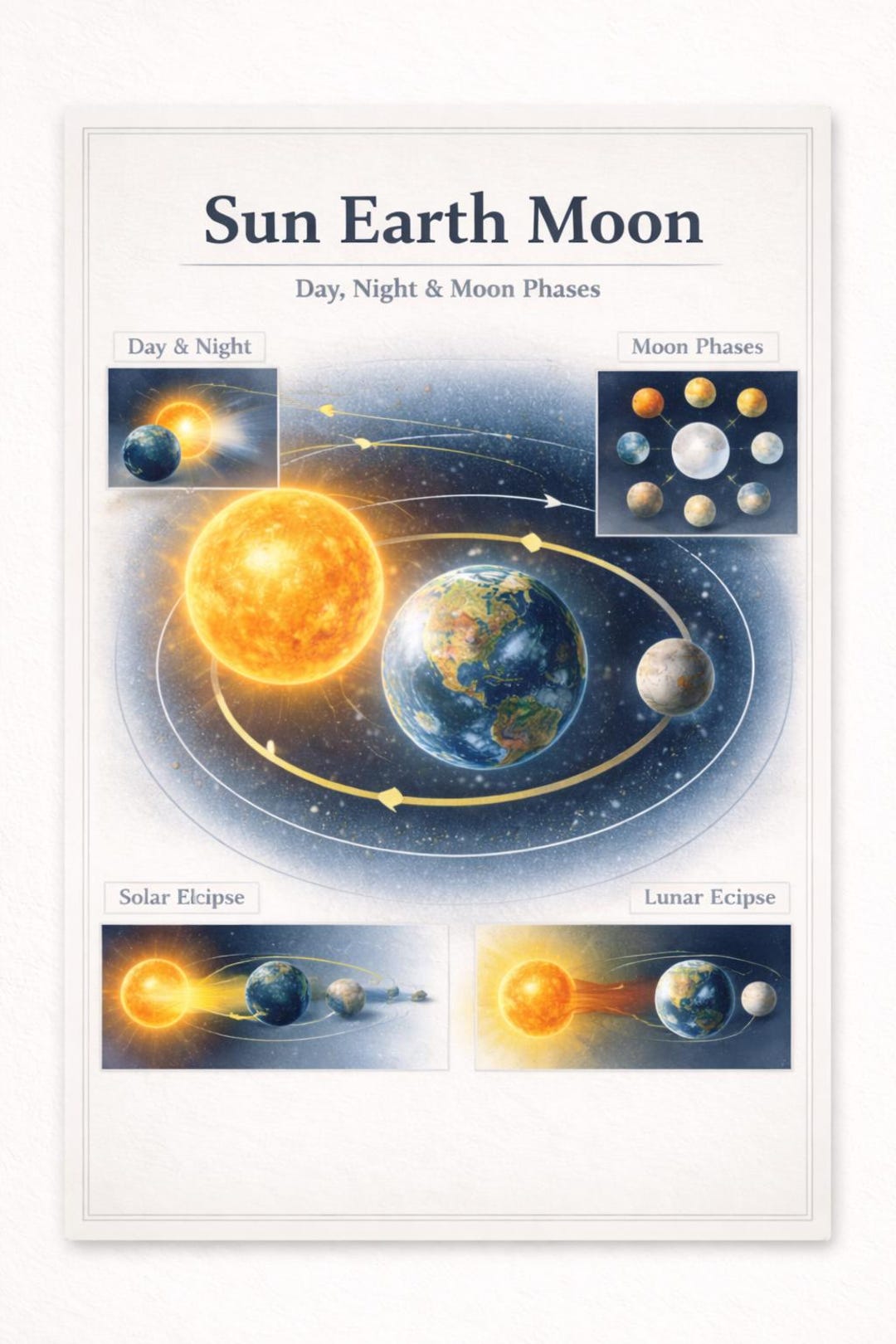 Sun Earth Moon Poster for Kids | Day and Night & Moon Phases ...