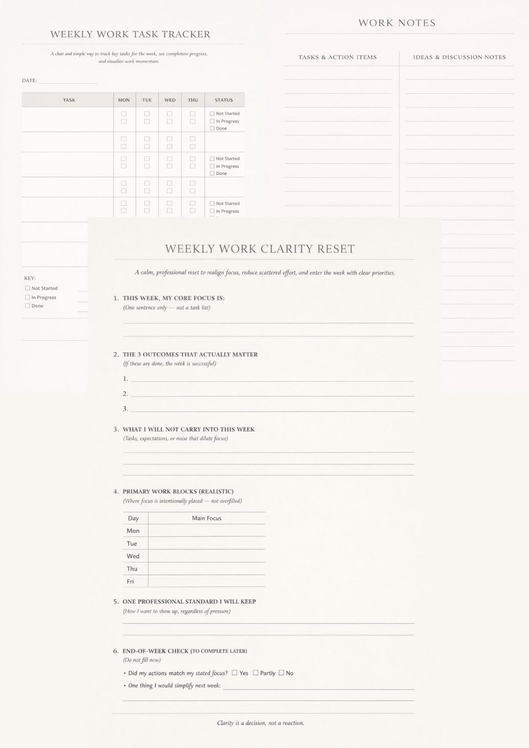 Weekly Focus Action Pack | Work Printable Worksheet, Task Tracker ...