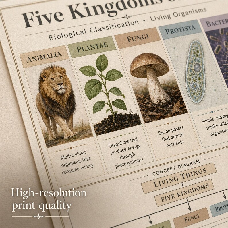 Five Kingdoms of Life Poster | Biological Classification Chart ...