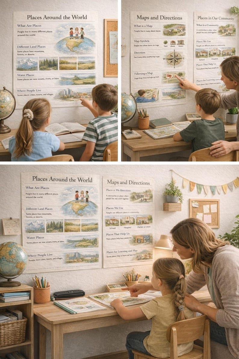 Kids Geography Posters | World Maps, Community Places (PDF Download A4 ...