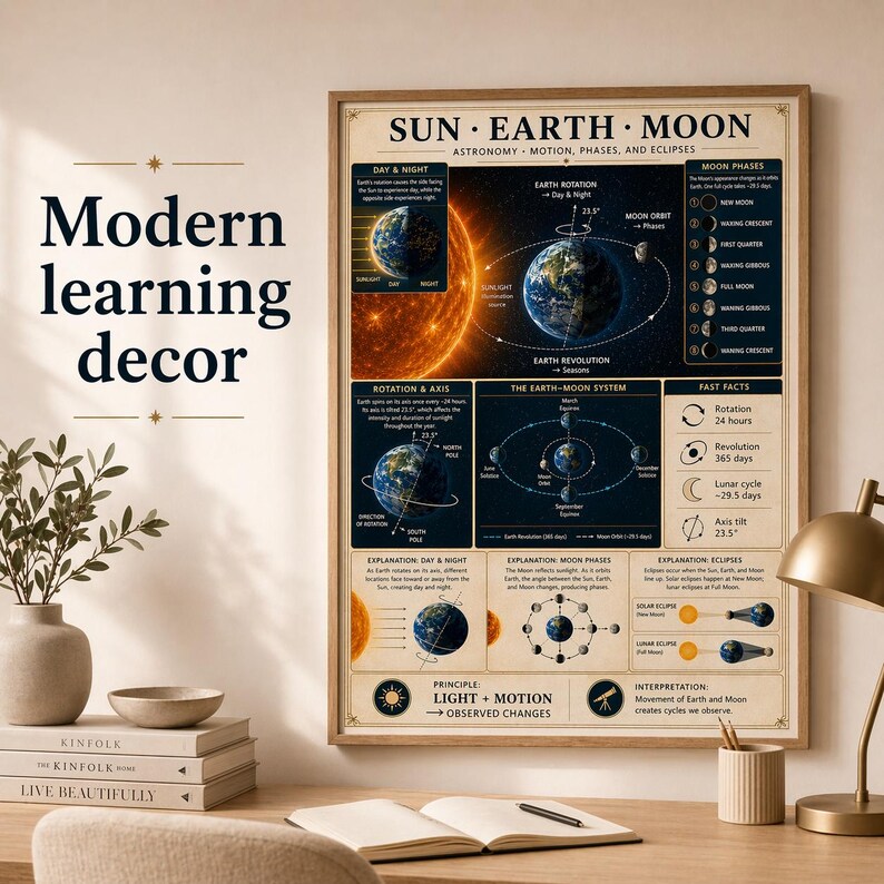 Sun Earth Moon Poster | Day Night and Moon Phases Chart | Astronomy ...