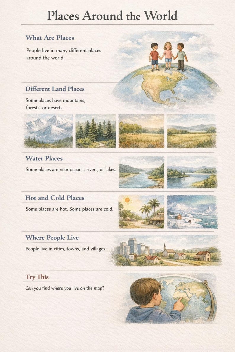 Kids Geography Posters | World Maps, Community Places (PDF Download A4 ...