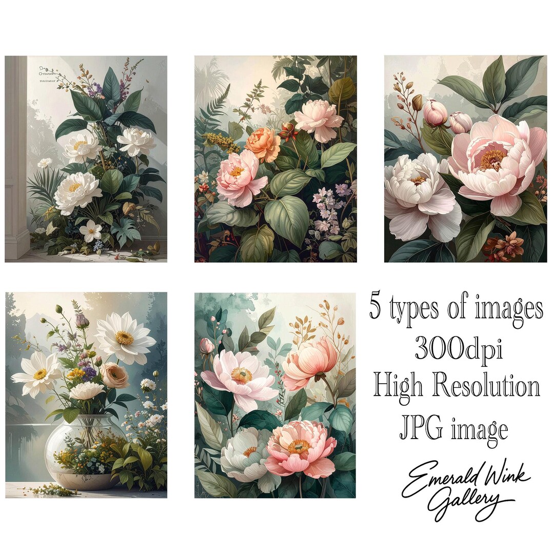Vintage Botanical Floral Wall Art – 5 Piece Printable Art Set - Etsy
