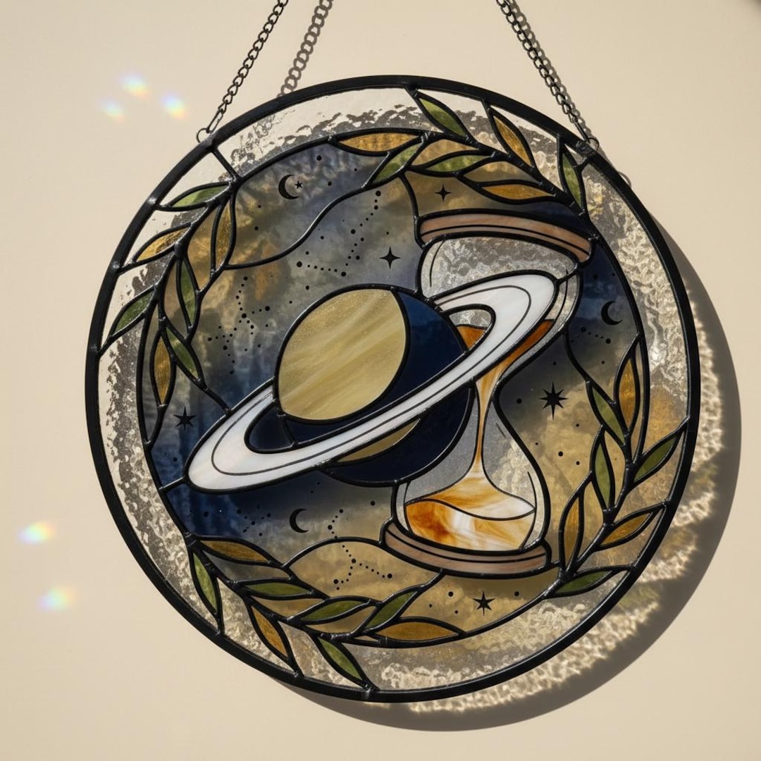 Saturn Cronos Stained Glass Suncatcher, Round Celestial Window Hanging ...