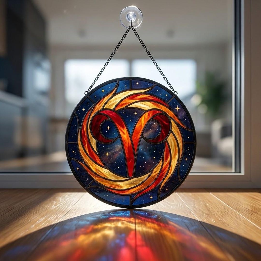 Aries Zodiac Stained Glass Suncatcher, Fiery Ram Symbol Window Hanging ...