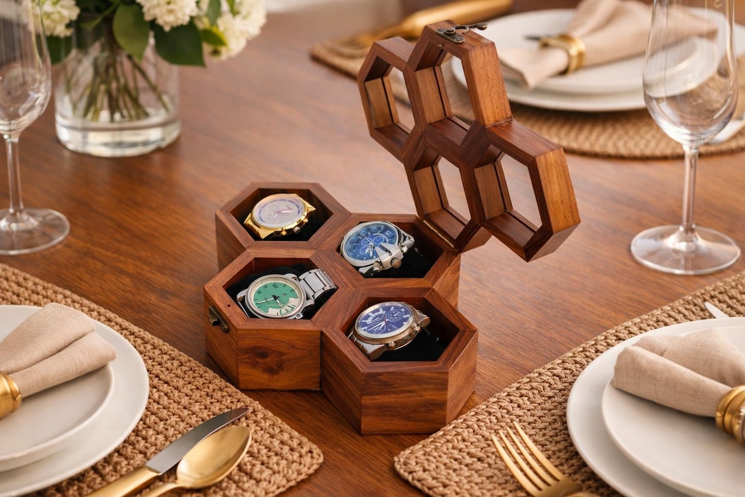 Handcrafted Wooden Hexagon Watch Box With Glass Lid | 4 Slot Watch ...