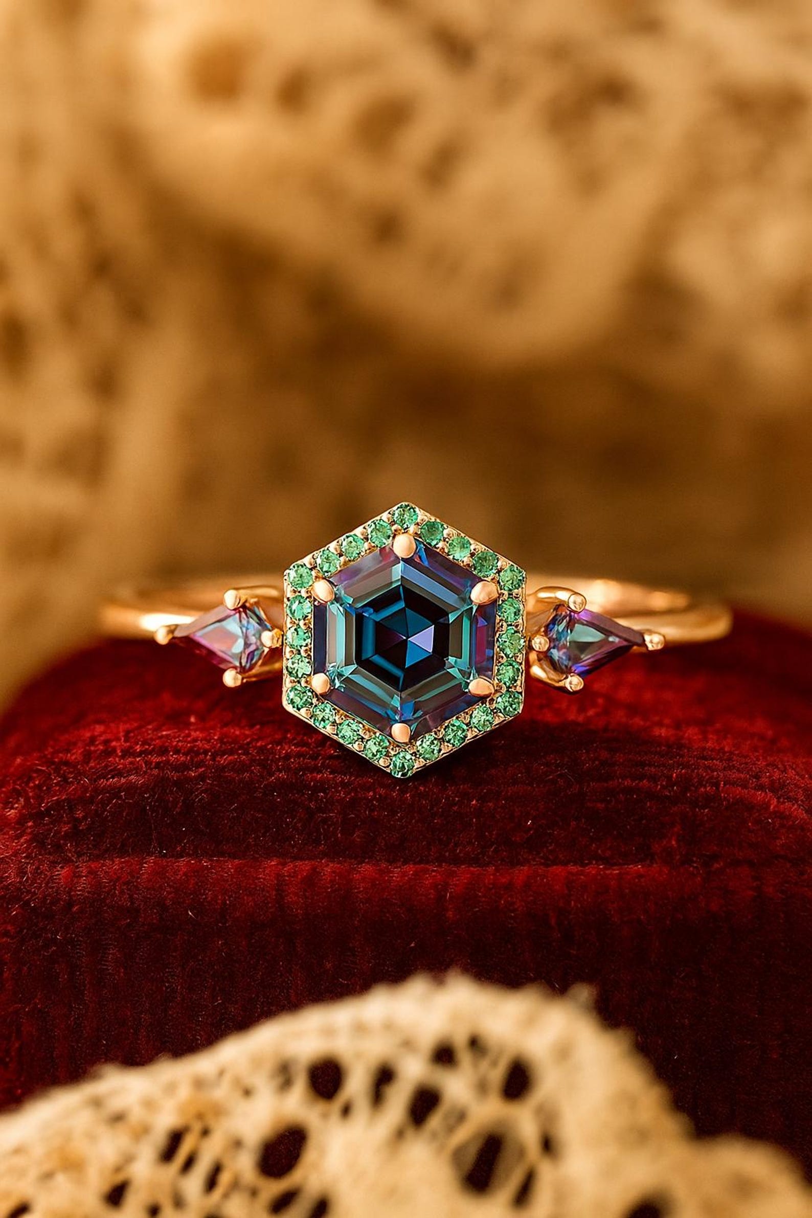 Hexagon Alexandrite Halo Ring • Color Change Engagement Ring - Etsy
