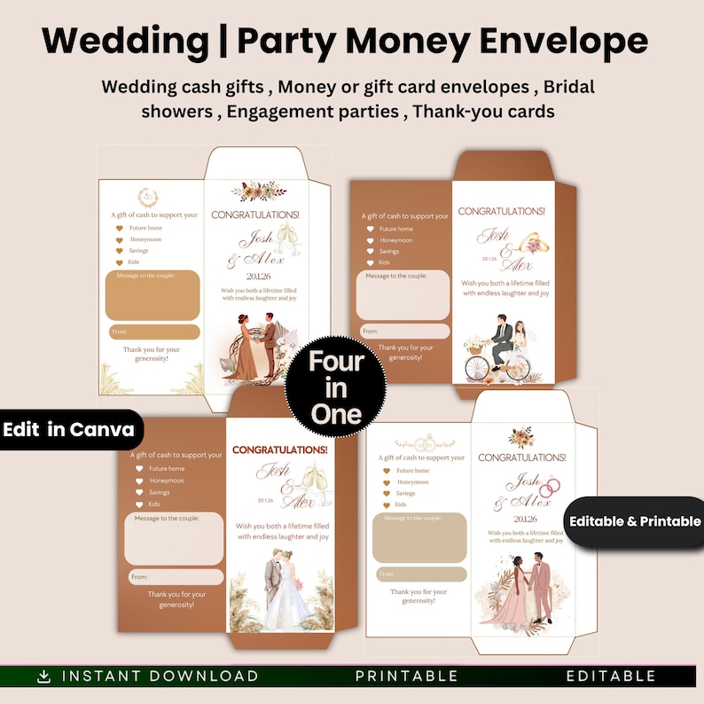 Elegant Wedding Money Envelope Template | DIY Cash Gift (canva Editable ...