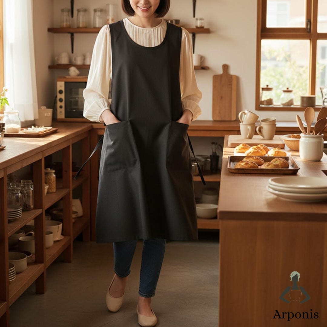 Japanese Pinafore Apron With Pockets – Linen Look Cooking Apron ...