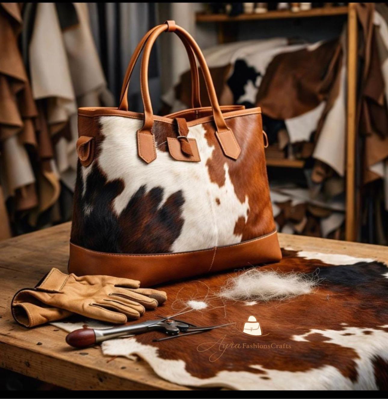 Real Cowhide Leather Tote Bag | Handmade Shoulder Bag | Cowhide Hair on ...