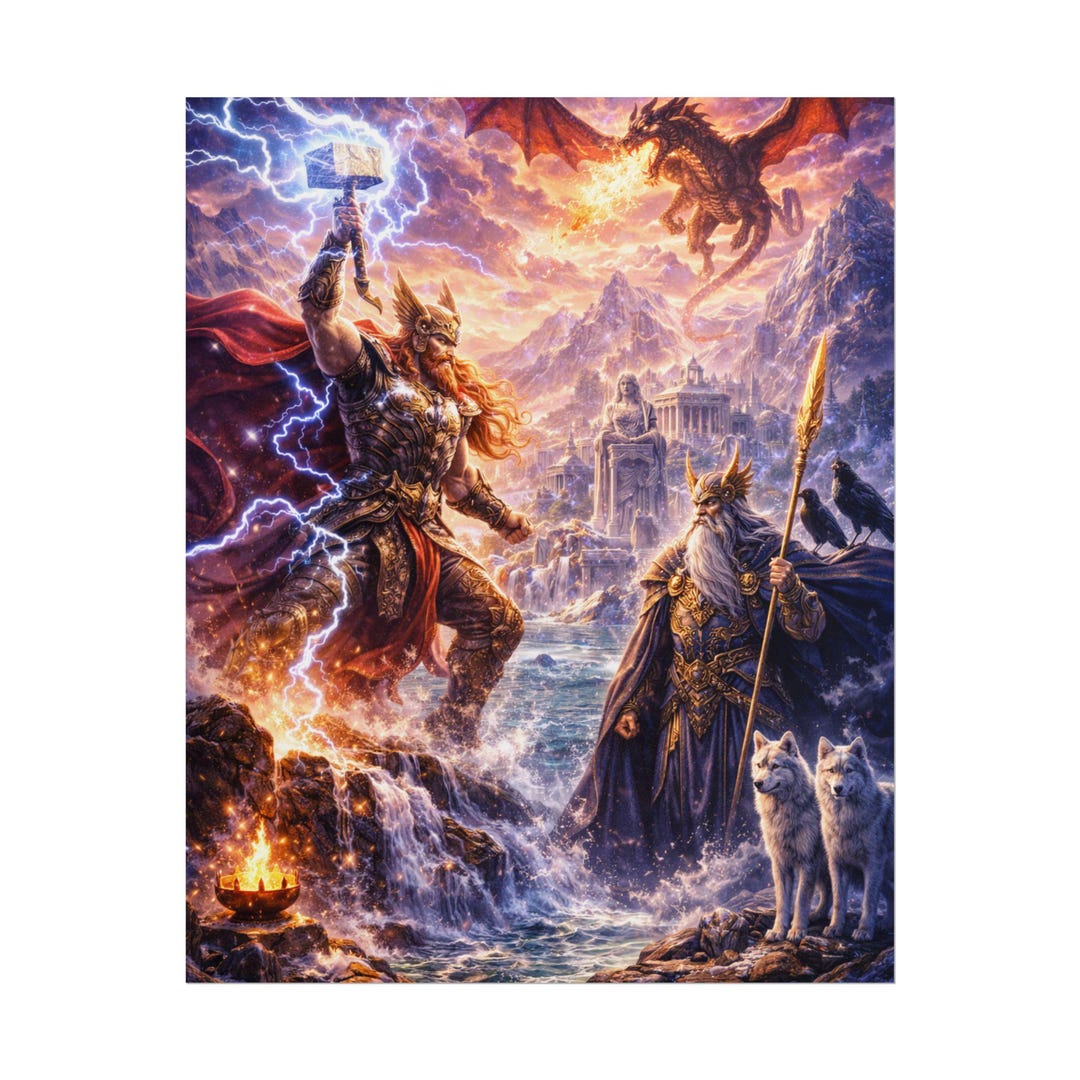 Viking Norse Gods Artwork Rolled Posters | Thor Odin Dragon Battle ...