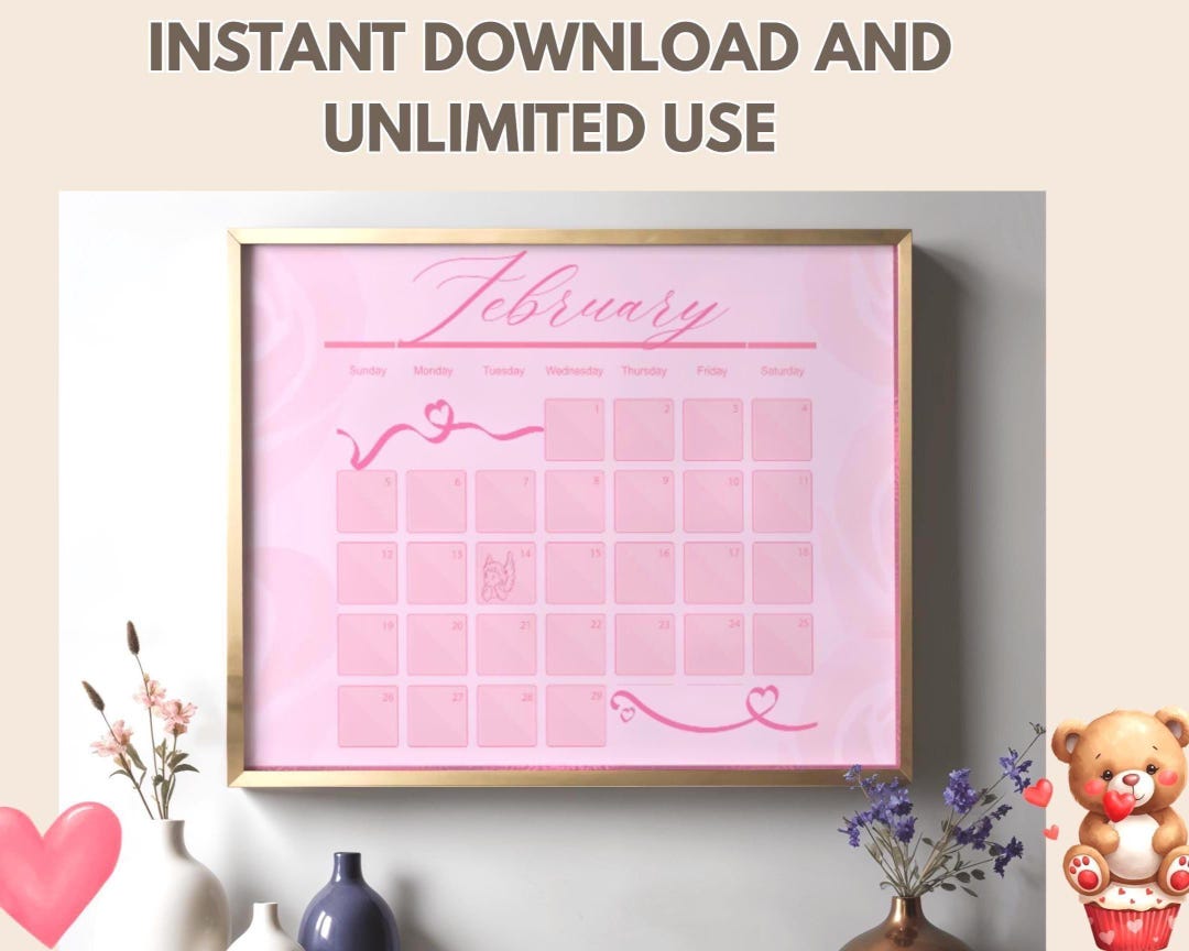Editable and Printable February Calendar | Valentine's Day Calendar ...