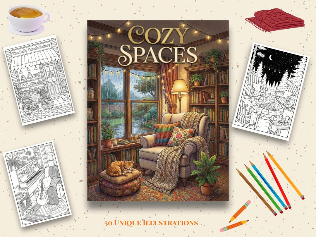 Cozy Spaces Coloring Book Adults | 50 Relaxing Interiors & Hygge Scenes ...