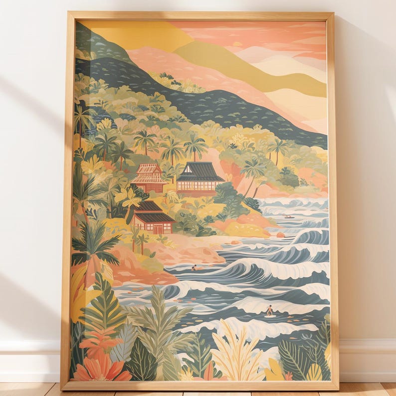 Beach Sunset Wall Art - Tropical Surfers and Warm Ocean Tones - Etsy