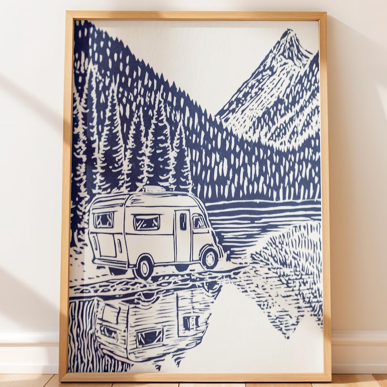 Rustic Camper Van Art - Cozy Mountain Lake Linocut Print - Etsy