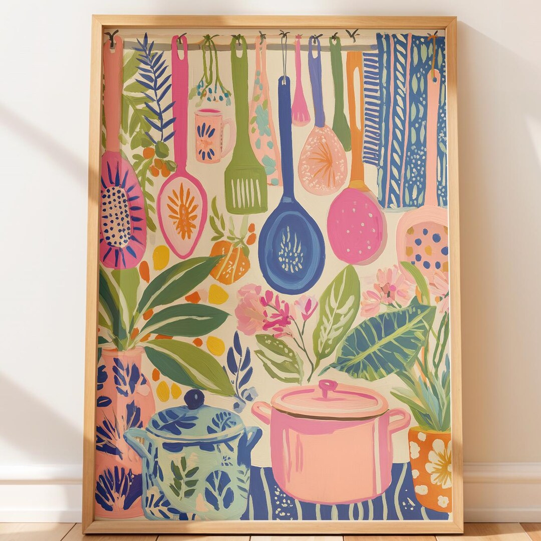 Cottagecore Kitchen Wall Art, Colorful Utensils, Floral Motifs (rustic ...