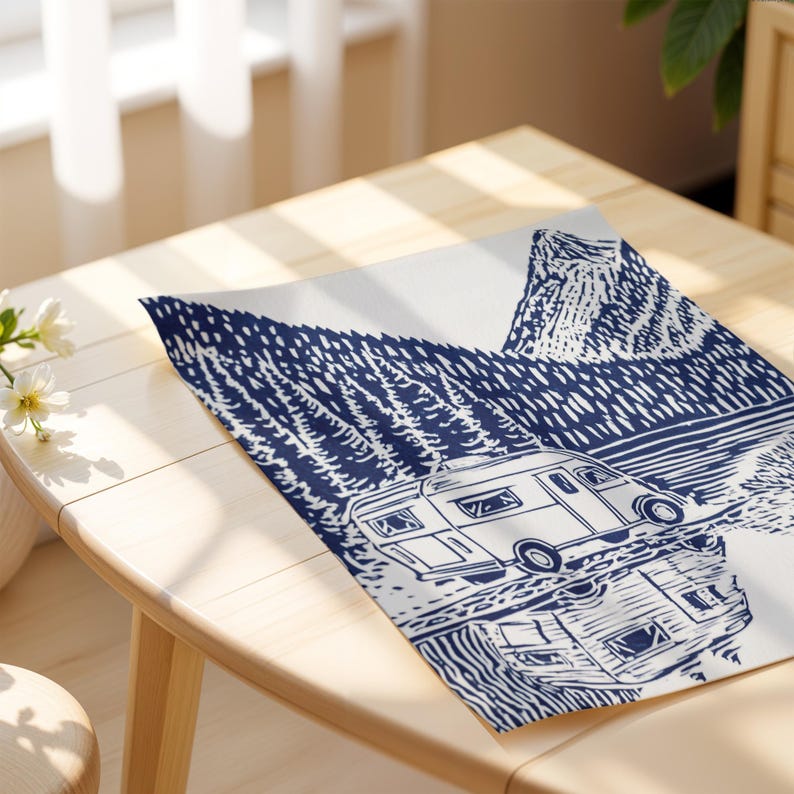 Rustic Camper Van Art - Cozy Mountain Lake Linocut Print - Etsy