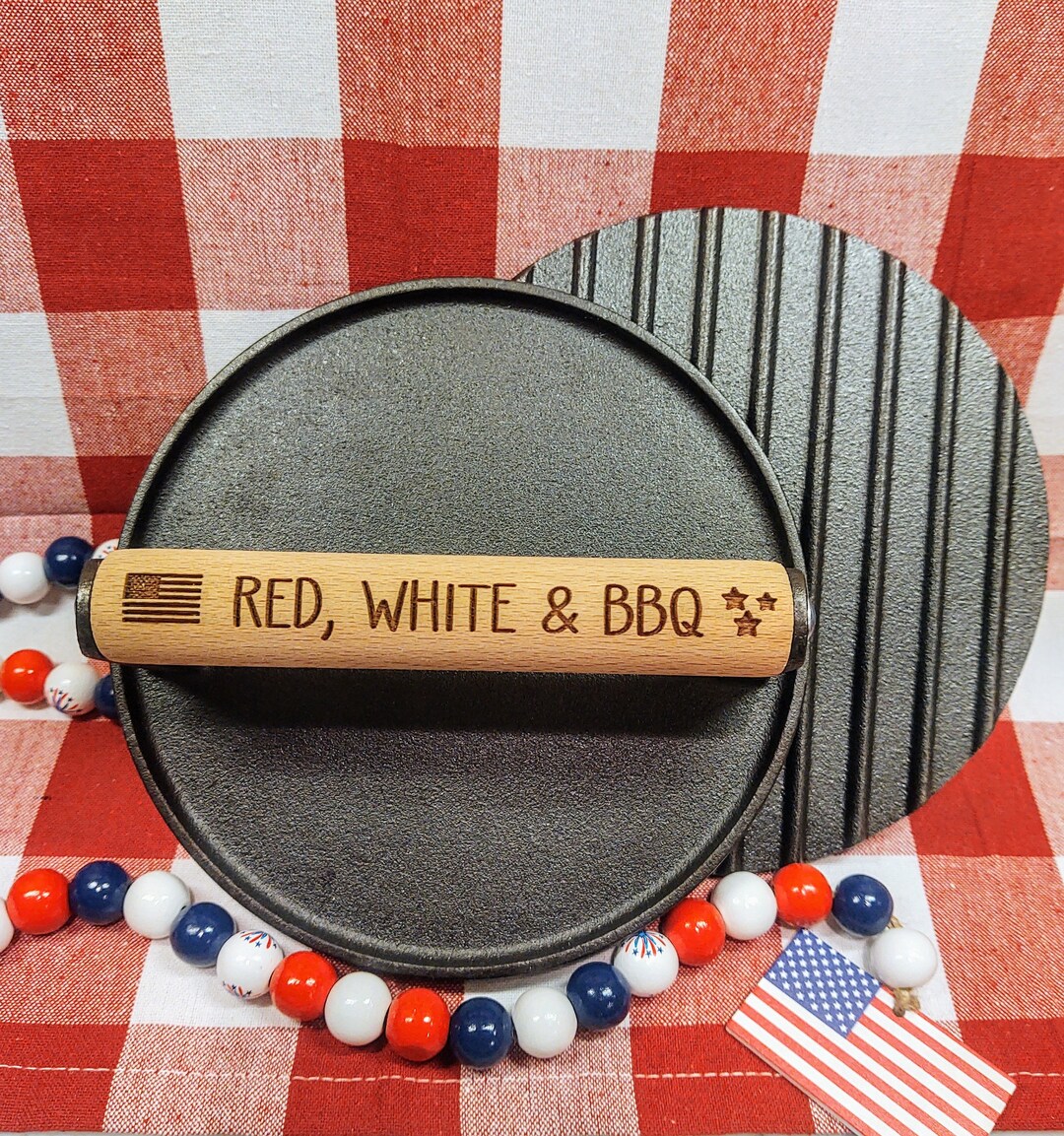 Red White & BBQ 4th of July Holiday Burger Weight Cast Iron Bacon Steak ...