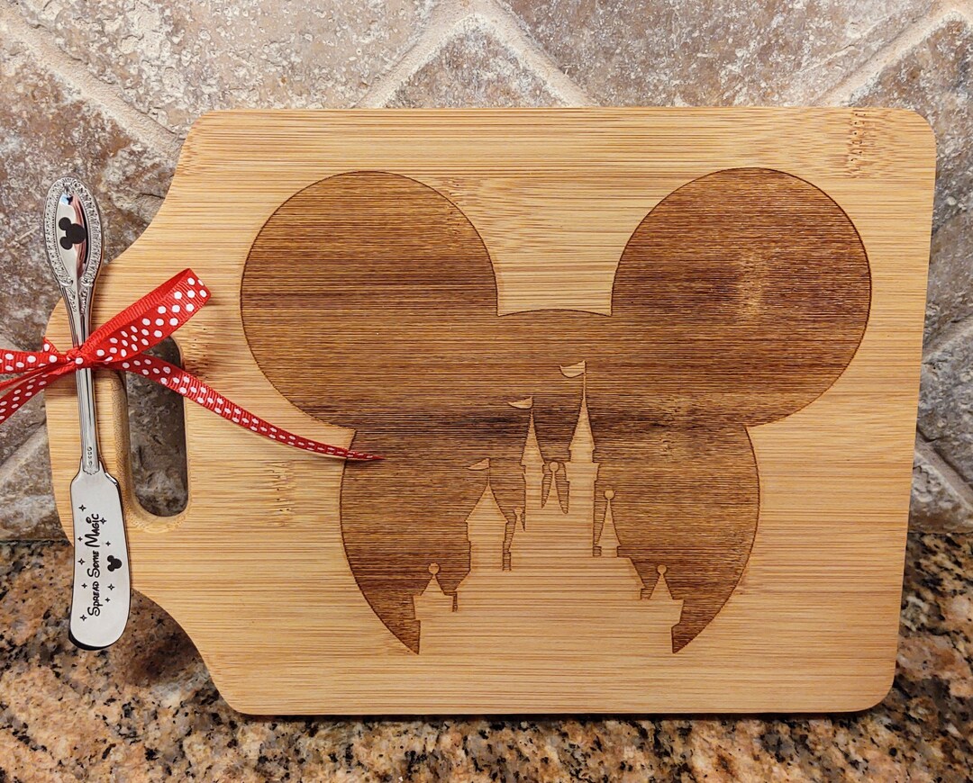 Mickey Mouse Head W/ Disney Castle Engraved Wood Cutting Board Gift Set ...