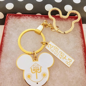 It's A Small World Clock Face Numbers Mickey Mouse Ears White & Gold Charm Keychain Custom Name ...