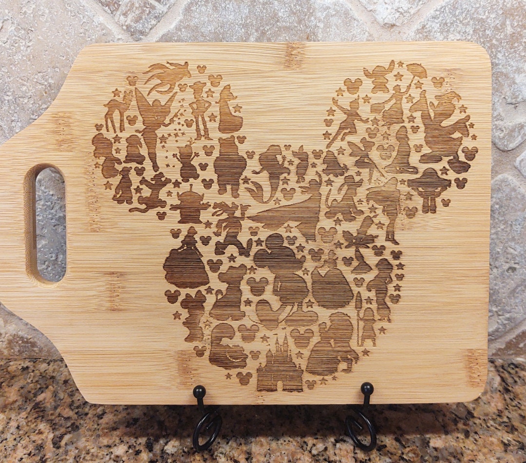 Mickey Mouse Head With Disney Characters Inspired Cheese, Cutting Wood ...