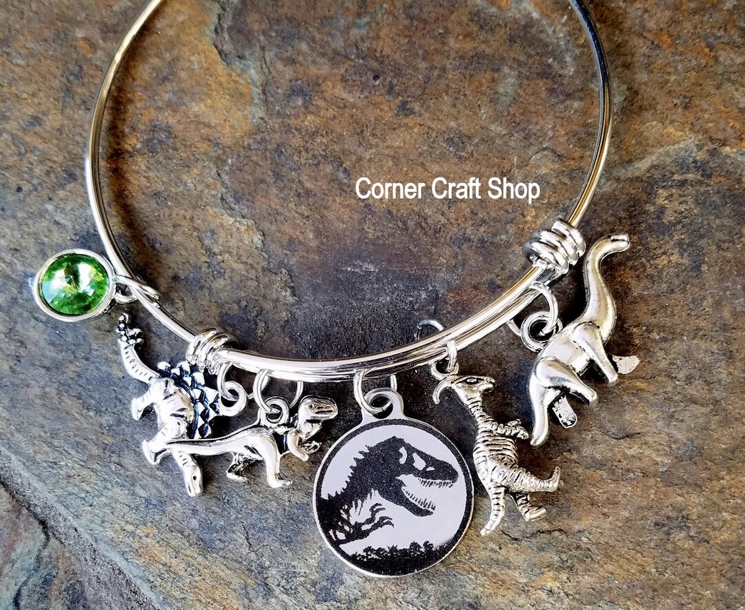 Dinosaur Jurassic Inspired Stainless Steel Charm Silver Bangle Bracelet ...