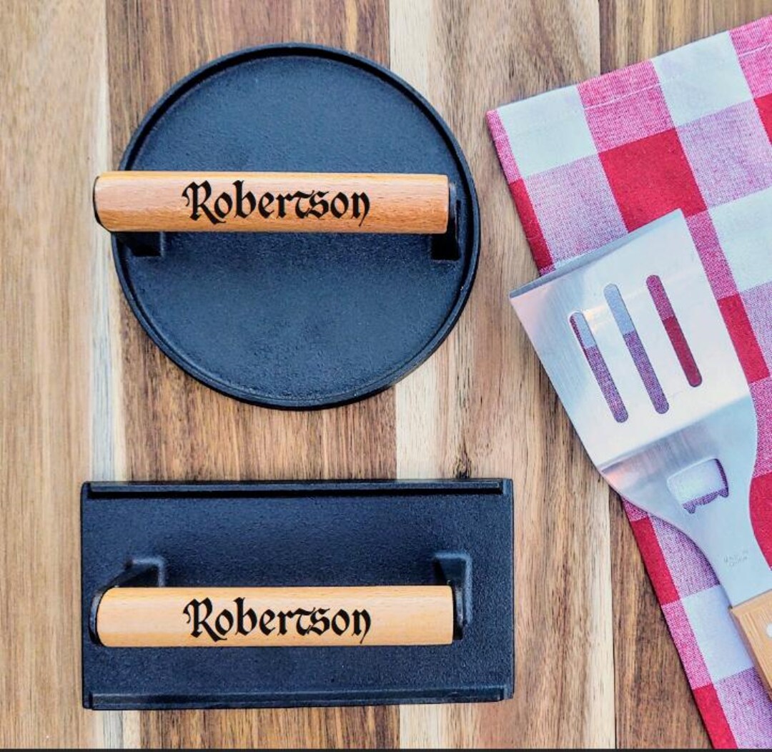 Personalized Name Burger Press Steak Weight Set Cast Iron Bacon ...
